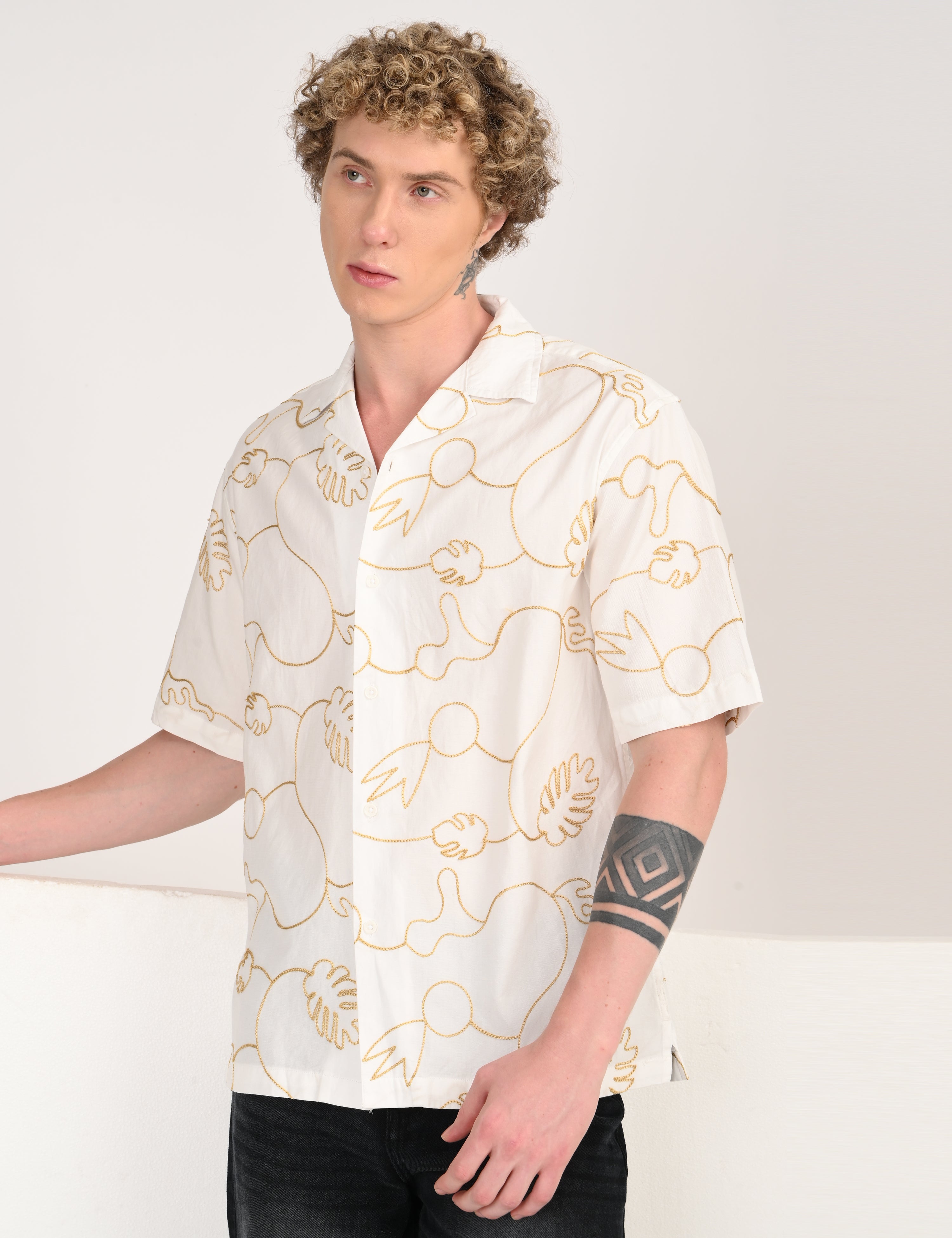 Overhanging Metallic Gold Embroidered White Half Sleeve Shirt – Address ...