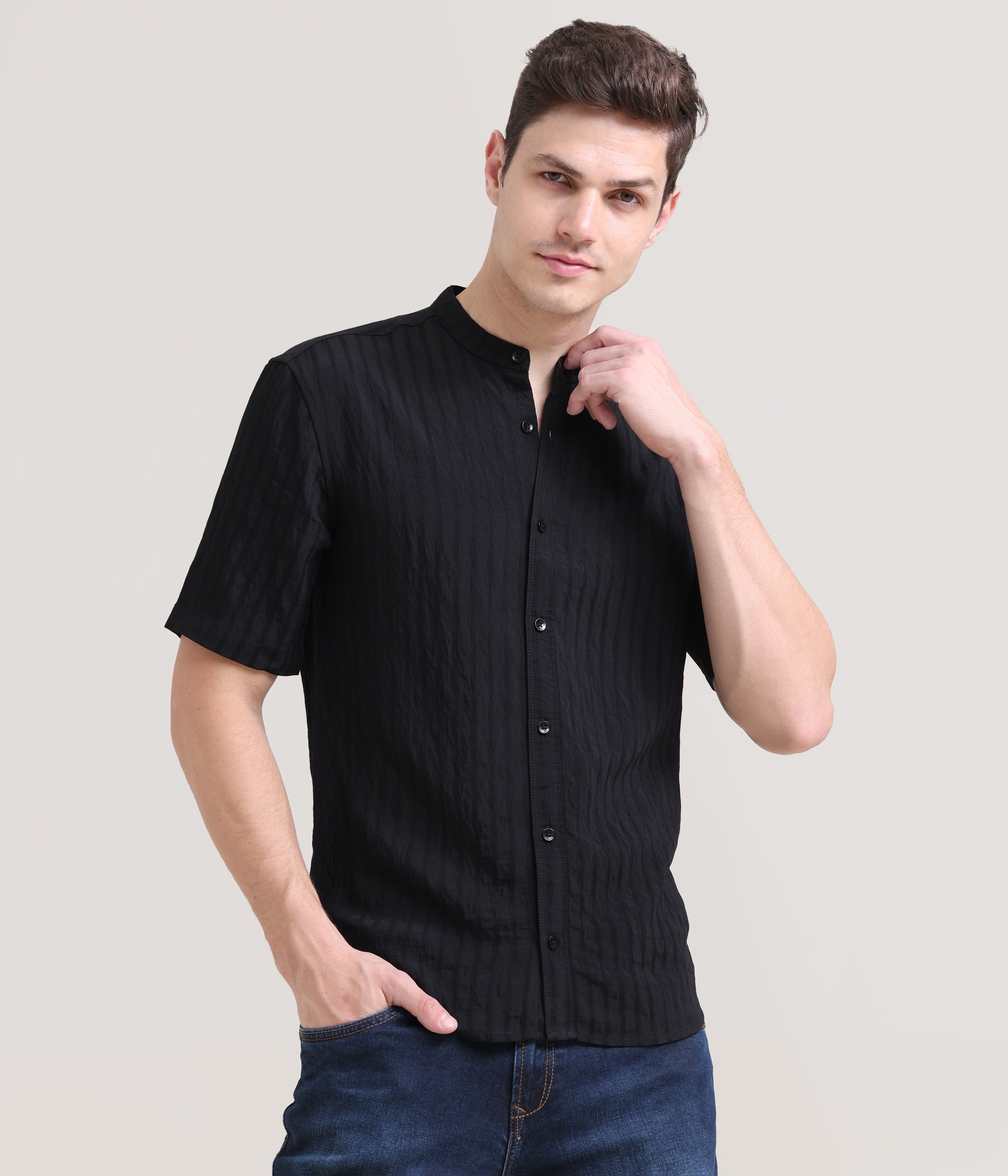 Midnight Classic: Solid Black Regular Fit Half Sleeve Shirt – Address ...