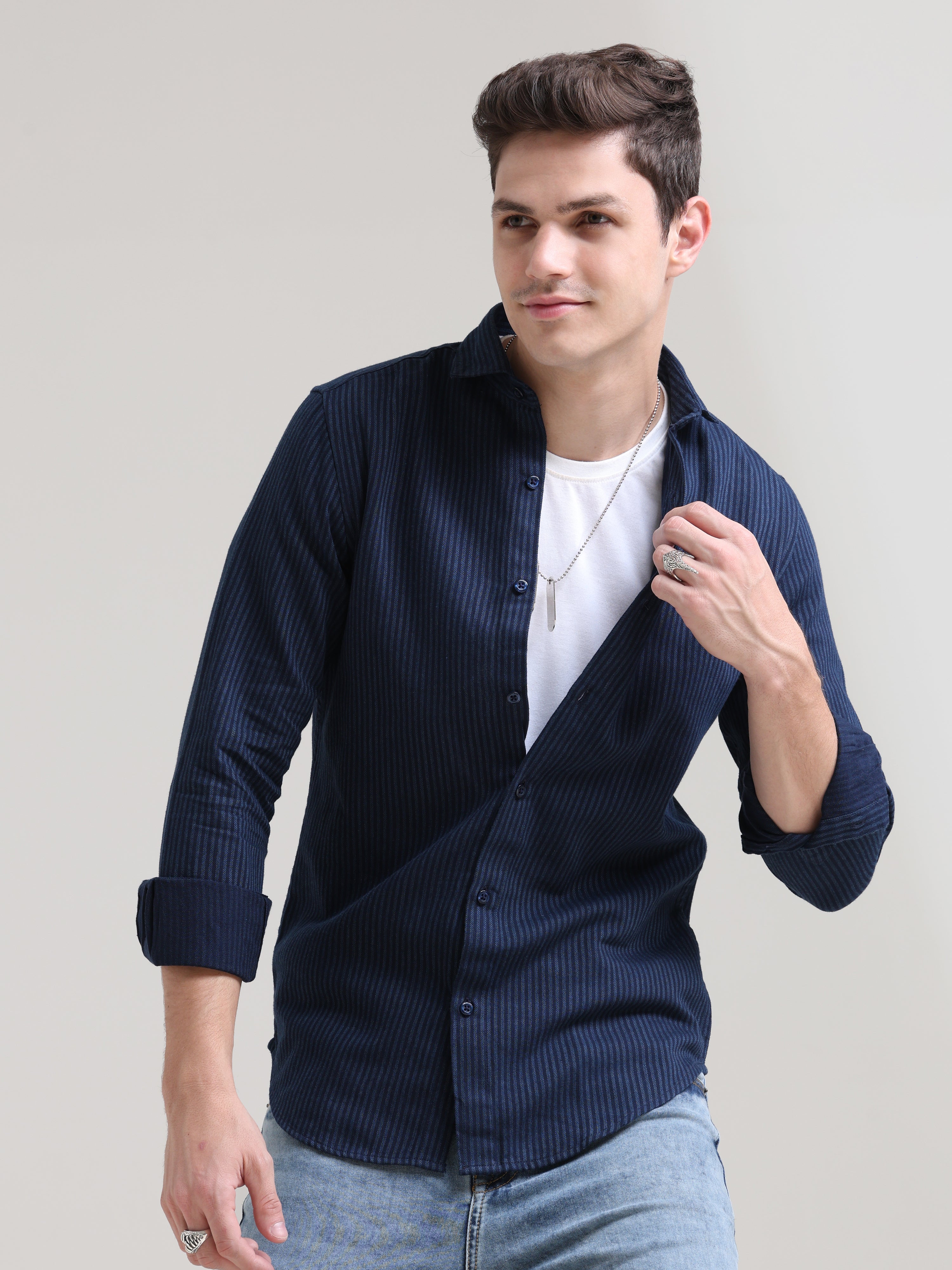 Midnight Elegance: Solid Navy Blue Tapered Fit Full Sleeve Shirt ...