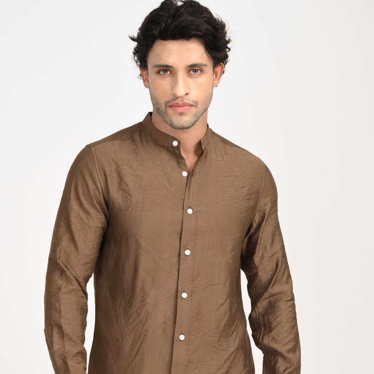 Mandarin Collar Tapered Fit Coffee Brown Shirt – Address Apparels